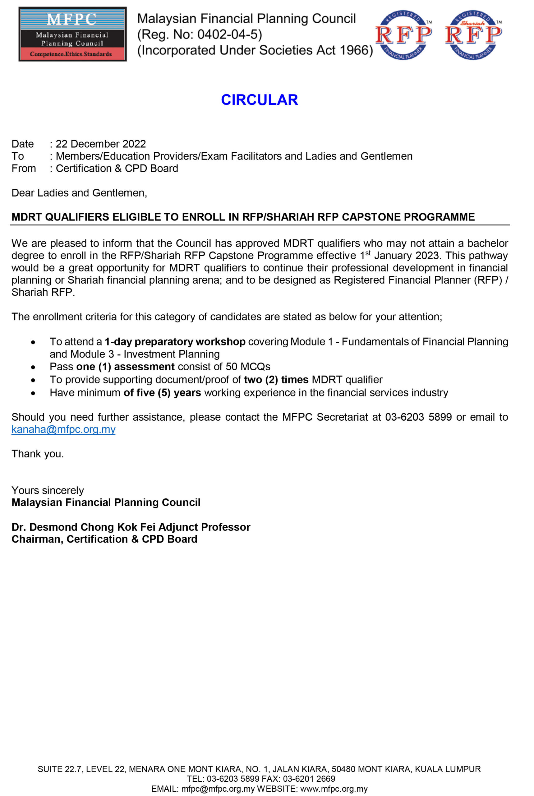 MDRT QUALIFIERS ELIGIBLE TO ENROLL IN RFP/SHARIAH RFP CAPSTONE PROGRAMME - MFPC
