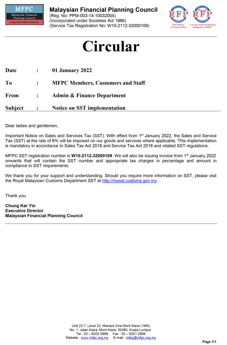 Notice on SST implementation - MFPC