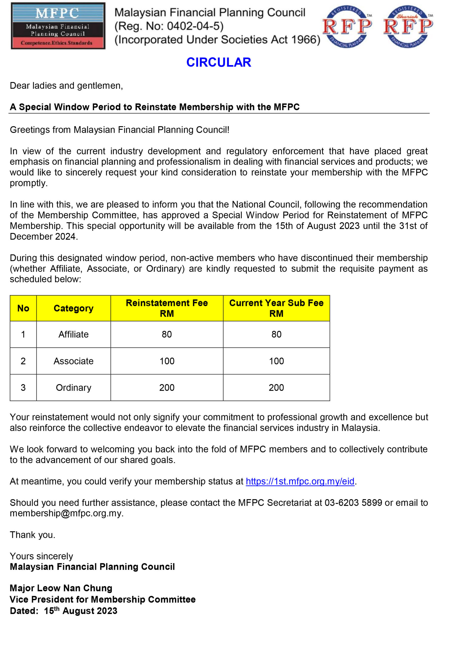 A Special Window Period to Reinstate Membership with the MFPC - MFPC