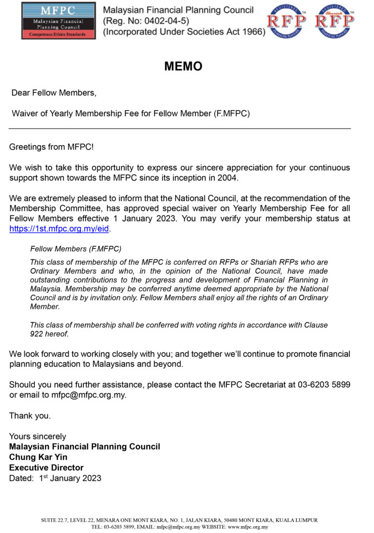 Waiver of Yearly Membership Fee for Fellow Member (F.MFPC) - MFPC
