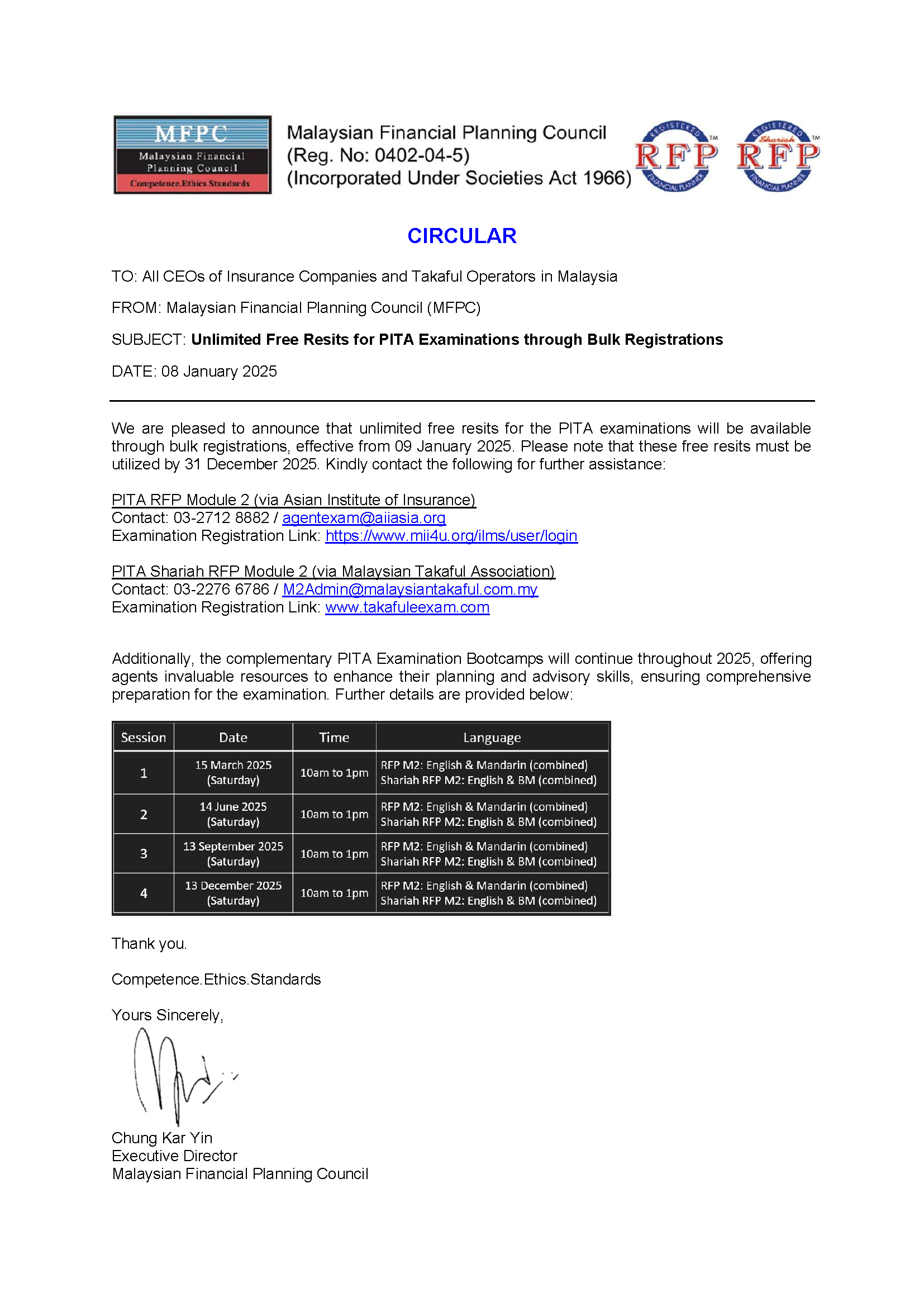 Circular - Free PITA Exam Resits for Bulk Registrations - MFPC
